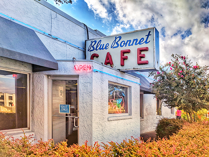 The iconic Blue Bonnet Cafe sign has welcomed hungry Texans for generations. Simple white building, extraordinary reputation&mdash;like that unassuming friend who turns out to be a culinary genius.