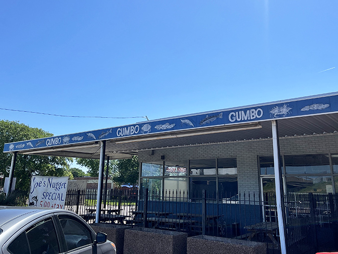 The blue "GUMBO" awning beckons like a siren song to hungry travelers. No fancy frills needed when what's inside is this good.