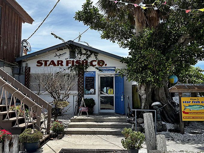 The unassuming entrance to Star Fish Company promises no frills, just thrills for your taste buds. Florida seafood authenticity at its finest.