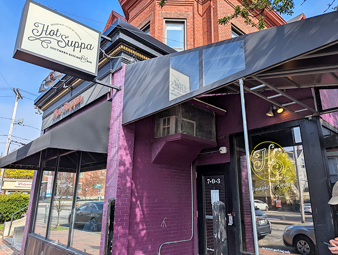 The purple brick facade of Hot Suppa stands out on Congress Street like a delicious beacon of breakfast hope in Portland's West End.