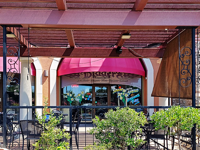 The iconic pink awning of Digger's Diner beckons like a breakfast lighthouse, promising morning salvation to hungry Brentwood locals seeking refuge from chain restaurant mediocrity.