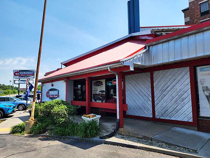 The red-trimmed exterior of Roundabout Diner beckons like a beacon of breakfast hope. This Portsmouth landmark promises comfort food that's anything but ordinary.