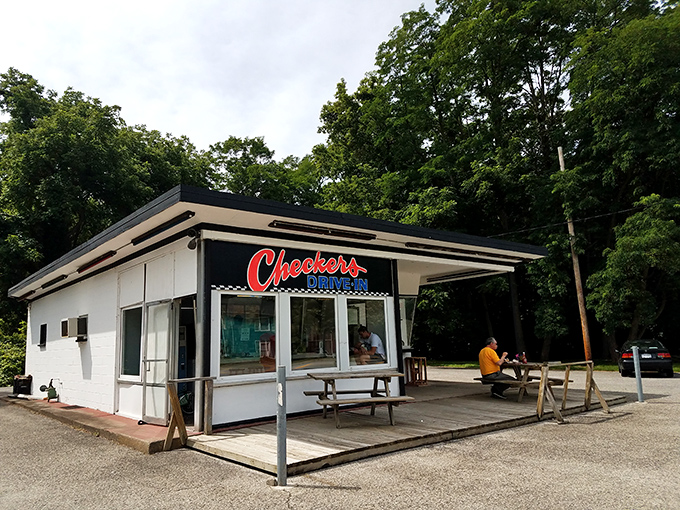 The classic white building with its bold red "Checkers" sign stands as a beacon of burger perfection in Perry, Ohio. Simplicity never looked so appetizing.