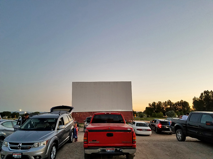 Cars lined up at dusk, facing the massive white screen&mdash;a scene that hasn't changed much since your parents' first date. Pure Americana under an Idaho sky.