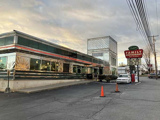The chrome-clad exterior of Exeter Family Restaurant gleams in the evening light, a shining beacon of comfort food that's been calling hungry Pennsylvanians home for generations.