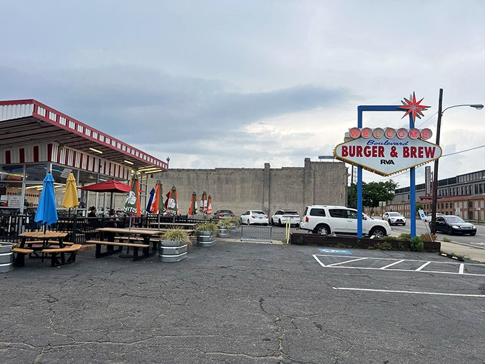 That vintage Vegas-meets-1950s diner sign isn't just calling you to dinner—it's beckoning you to a simpler time when burgers reigned supreme.