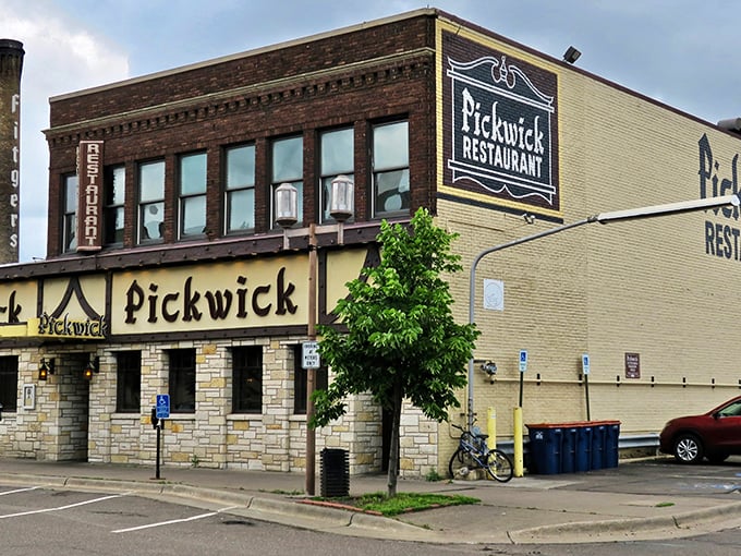 The iconic stone and brick facade of Pickwick stands proudly in downtown Duluth, a beacon of culinary tradition that's weathered decades of dining trends.