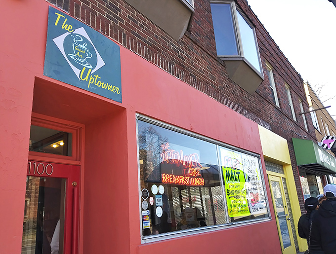 The bright red facade of The Uptowner stands out on Grand Avenue like a beacon calling all breakfast enthusiasts home.
