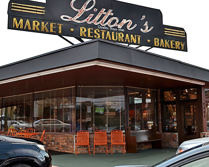 The iconic Litton's sign glows like a beacon for burger pilgrims, promising three essential food groups: market, restaurant, and bakery.