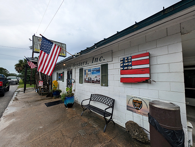 The stars and stripes stand guard outside this unassuming seafood sanctuary, where Florida's coastal bounty awaits behind humble white walls.