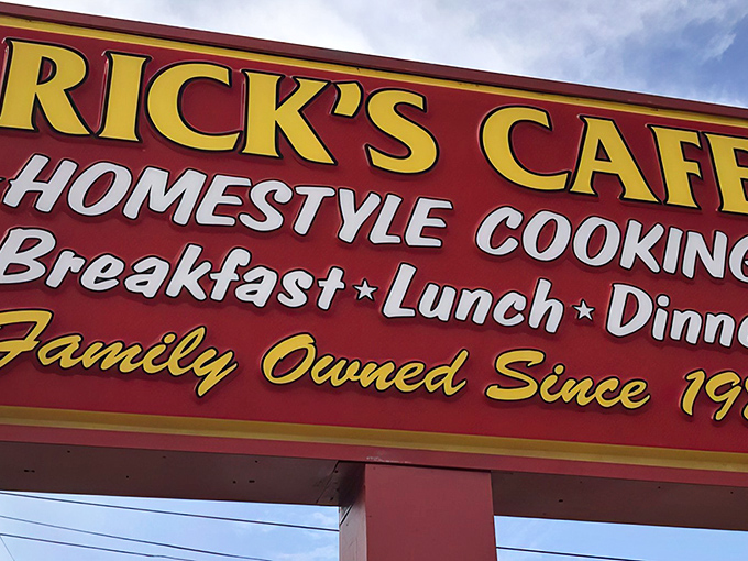 The bold red sign says it all: "HOMESTYLE COOKING" isn't just a slogan at Rick's Cafe—it's a delicious promise they've been keeping since 1979.