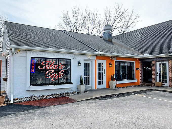 Morning light hits Ida's distinctive orange and white exterior&mdash;a beacon of breakfast hope for hungry travelers and locals alike.