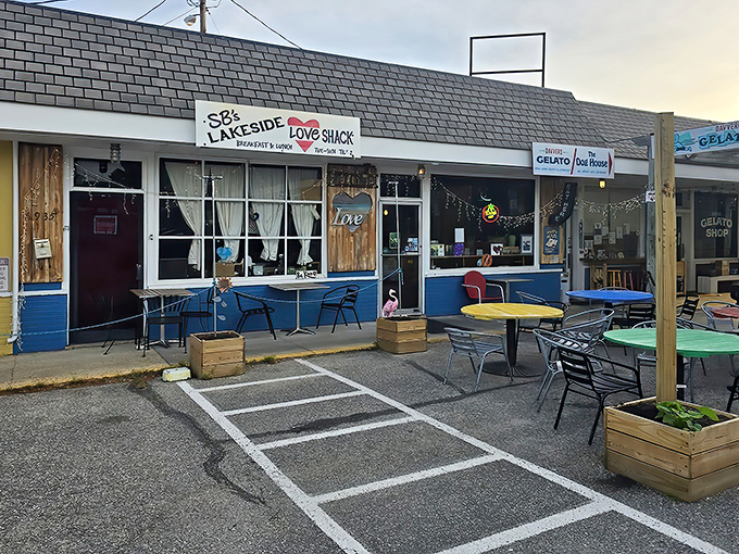 The unassuming blue exterior of SB's Lakeside Love Shack beckons like a secret clubhouse for breakfast enthusiasts. Worth finding.