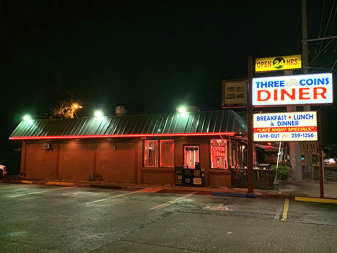The neon glow of Three Coins Diner at night isn't just a sign&mdash;it's a beacon of hope for hungry souls seeking 24-hour breakfast salvation in Tampa.