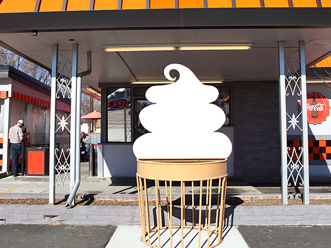 The giant ice cream cone sculpture isn't just decoration—it's a promise of sweet satisfaction waiting at this beloved Boise institution.