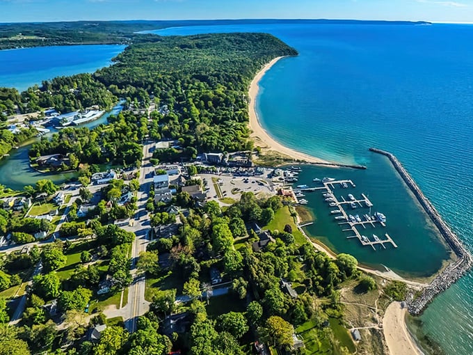 From above, Leland looks like Mother Nature's own masterpiece - where emerald waters meet sandy shores in perfect harmony.
