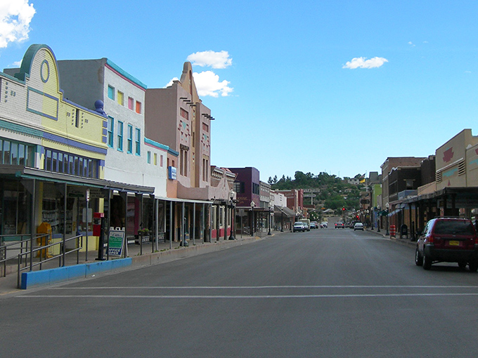 A colorful street in Silver City&rsquo;s main drag, where vintage charm meets small-town hospitality in brick-and-mortar form.