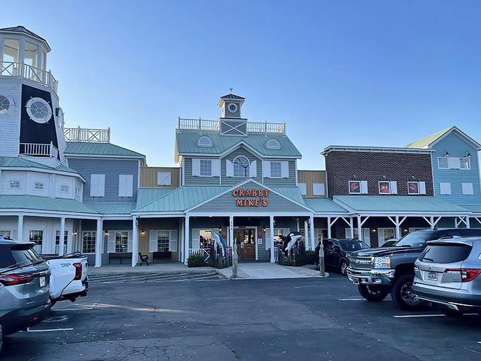 A wider view reveals Crabby Mike's impressive coastal-inspired architecture. Like a seafood cathedral, it stands ready to absolve you of your hunger sins.