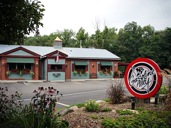 Gasoline Alley's distinctive sign welcomes hungry travelers with the promise of comfort food that fuels both body and nostalgia.