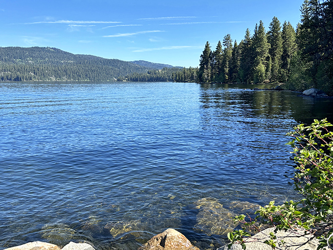 Crystal clear waters of Payette Lake meet towering pines, creating nature's perfect mirror. This isn't Photoshop&mdash;it's just another Tuesday in McCall.