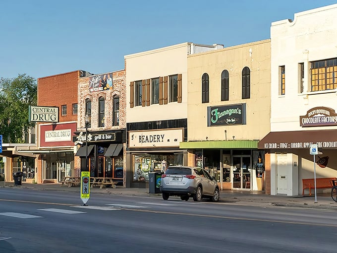 Stop and browse! This charming row of storefronts offers everything from a classic drugstore to a chocolate factory, sweet!