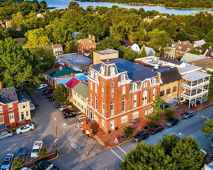 Chestertown's historic district from above &ndash; where red brick buildings and blue water create a postcard-perfect tableau that's been charming visitors since George Washington's day.