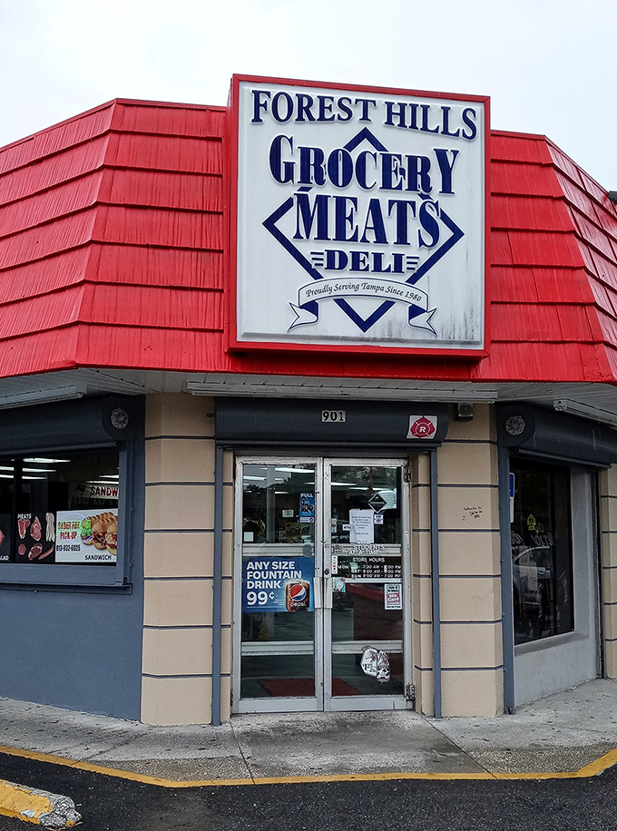 The iconic red roof and bold signage of Forest Hills Grocery stands as a beacon for sandwich aficionados throughout Tampa. No fancy frills, just fantastic food awaits.