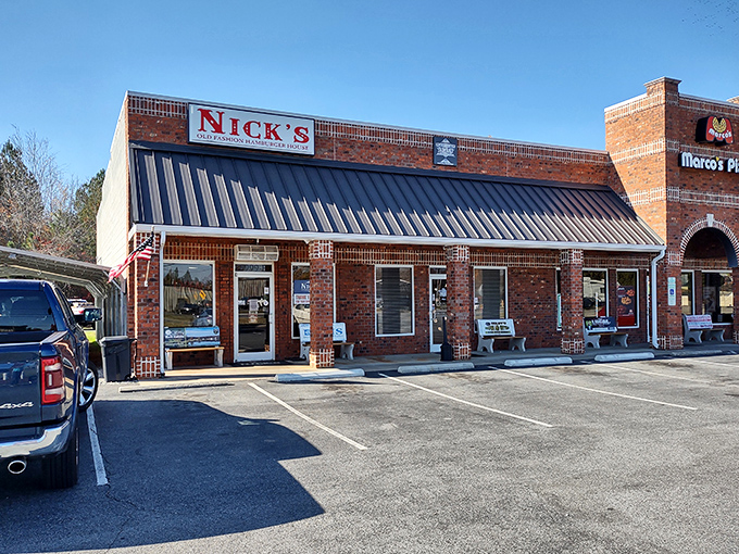 The brick fortress of flavor that is Nick's Old Fashioned Hamburger House stands proudly in Lexington, complete with American flag and that iconic red sign.