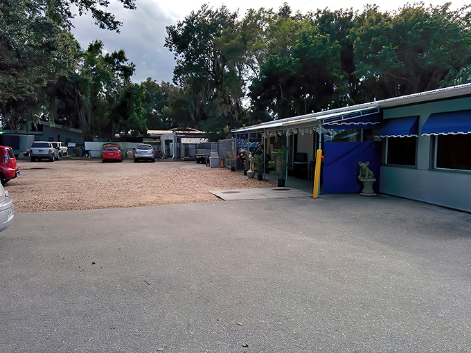 A glimpse of Florida's rustic charm&mdash;wooden exterior, blue awnings, and the promise of air conditioning that feels like salvation on sweltering summer days.