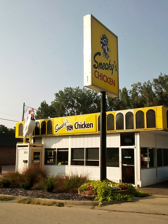 Sunshine highlights Sneaky's unmistakable yellow exterior, where that iconic rooster has been guiding hungry pilgrims to chicken salvation for generations.