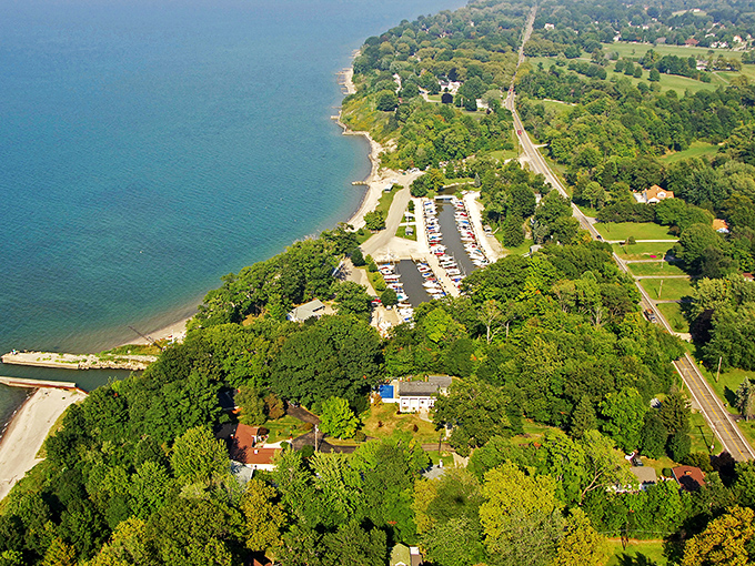 Lake Erie's turquoise waters meet lush green shores in a view that rivals any ocean postcard you've ever pretended to send.
