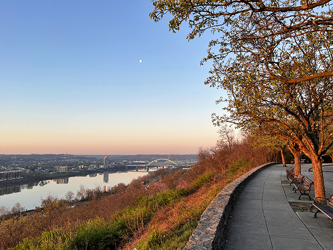 Sunset magic transforms Eden Park Overlook into a painting come to life, with the Ohio River and Daniel Carter Beard Bridge creating nature's perfect postcard.