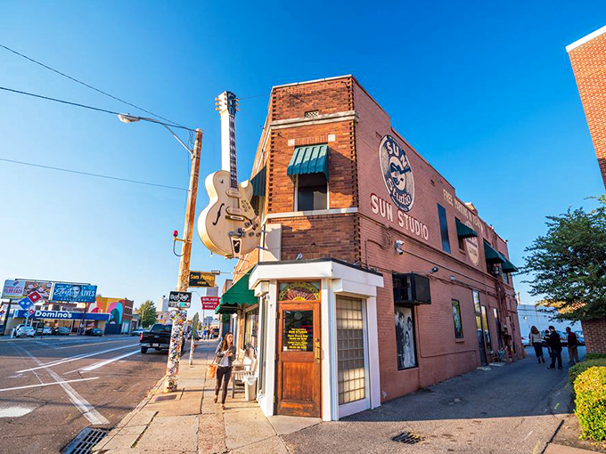 Sun Studio's iconic guitar sign beckons music lovers like a siren call. Wait, this isn't Trumann &ndash; it's Memphis, just a day trip away!