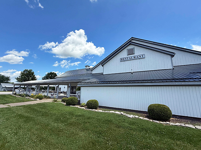 That white barn-style building isn't storing hay &ndash; it's housing some of Indiana's most memorable fried chicken and country cooking.
