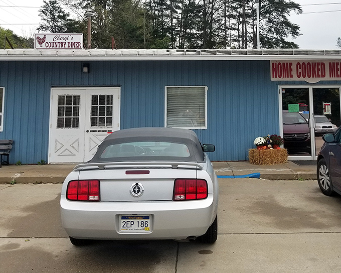 The iconic blue exterior of Cheryl's Country Diner stands like a beacon of comfort food hope along the Parkersburg roadside. Home-cooked meals await inside!