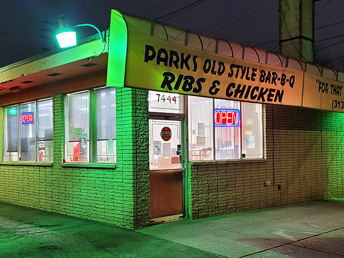 At night, the neon glow of Parks transforms it into a barbecue beacon, calling to hungry souls like a smoky siren song across Detroit's landscape.