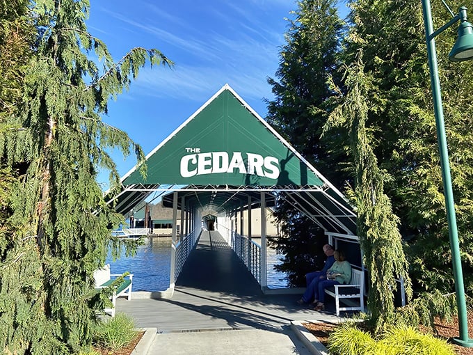 The approach to The Cedars is half the experience&mdash;a floating wooden pathway leading to culinary paradise on Lake Coeur d'Alene's shimmering waters.