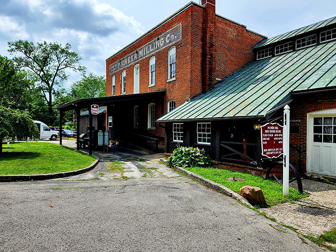 The historic Pioneer Mill stands proudly in Tiffin, its brick facade and "PIONEER MILLING CO." signage hinting at delicious secrets waiting inside.