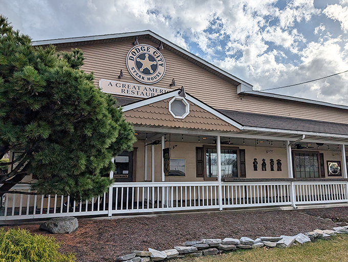 The Western frontier meets Pennsylvania hospitality at Dodge City Steakhouse, where that iconic star logo promises carnivorous adventures await inside.