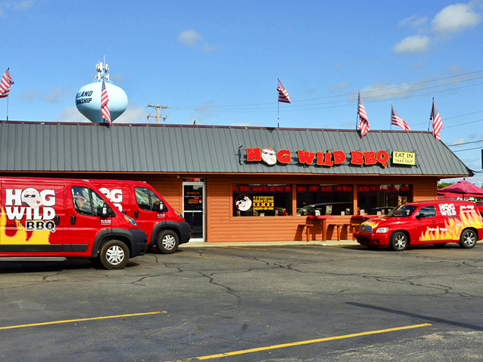 The daytime view of Hog Wild BBQ showcases its unmistakable roadside charm, complete with branded vehicles ready to spread smoky goodness throughout Holland.