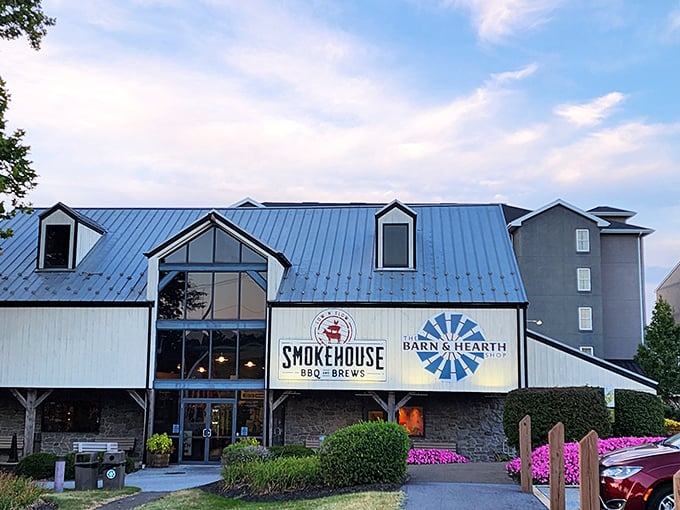 The barn-inspired architecture of Smokehouse BBQ & Brews stands proudly against the Pennsylvania sky, promising smoky delights within its rustic walls.