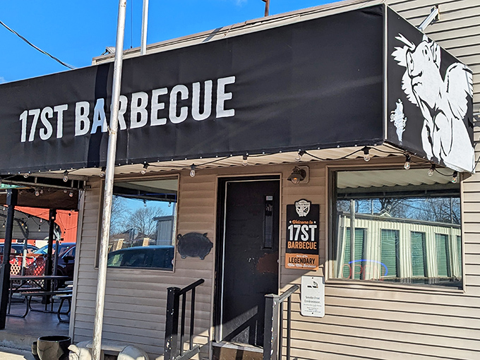 The unassuming exterior of 17th Street Barbecue, where that flying pig logo promises barbecue so good, you'll swear pork can fly.