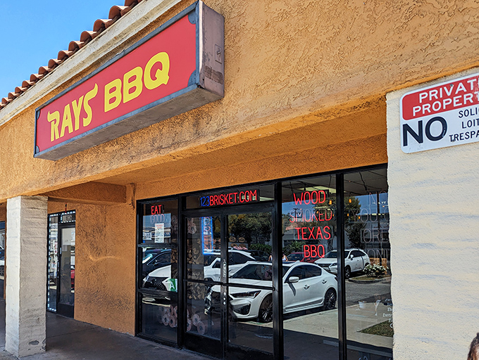 The unassuming stucco exterior of Ray's BBQ hides culinary treasures that would make a Texan homesick. Sometimes the best barbecue joints don't need fancy facades.