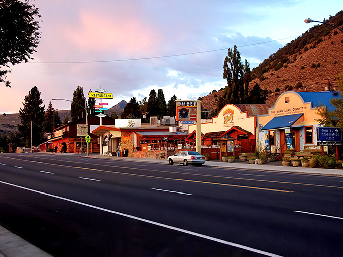 Main Street Lee Vining at sunset &ndash; where the entire downtown fits in one photograph but somehow contains enough charm for a city ten times its size.