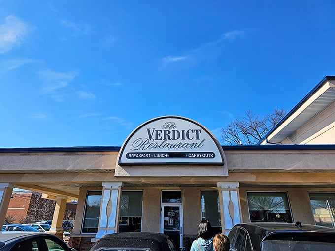 The unassuming blue-topped exterior of Verdict Restaurant in Wheaton hides culinary treasures within. Like finding a great paperback with a modest cover, the real story awaits inside.