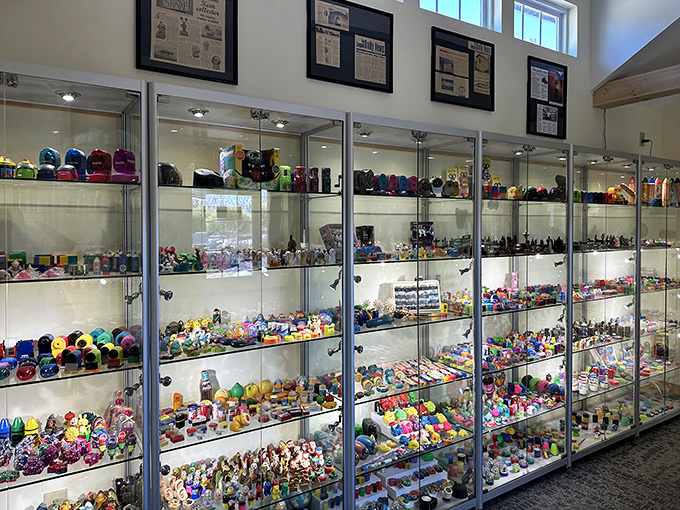 A rainbow explosion of creativity! Each shelf tells a different story, with thousands of tiny treasures waiting to be discovered.