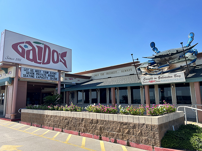 The iconic red Gaido's sign welcomes seafood pilgrims like a lighthouse guiding hungry sailors home. That giant blue crab isn't just decoration&mdash;it's a promise.