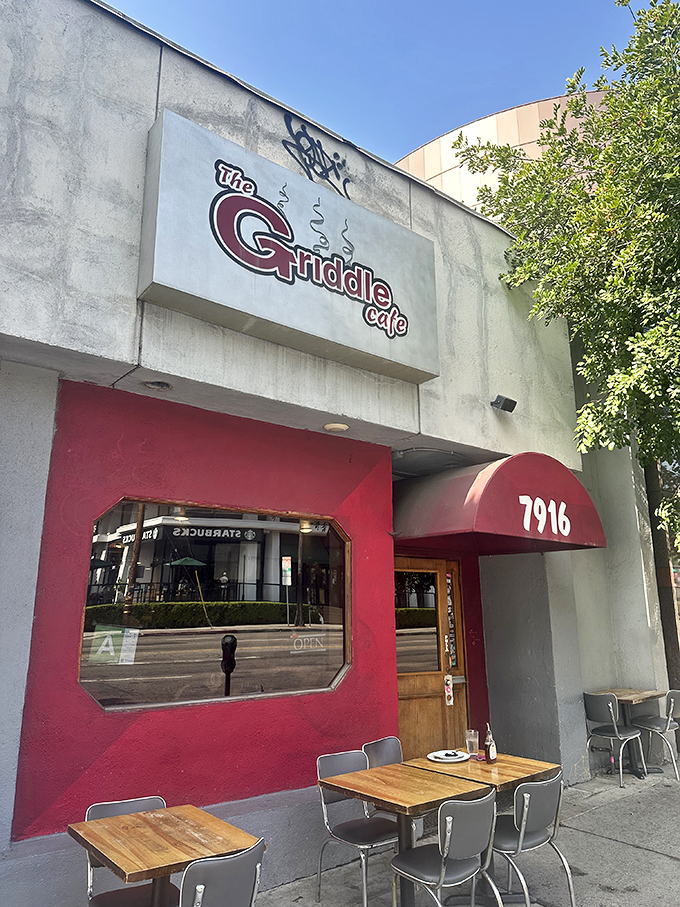 Morning sunshine illuminates The Griddle Cafe's unassuming exterior, where inside, breakfast dreams come true one massive pancake at a time.