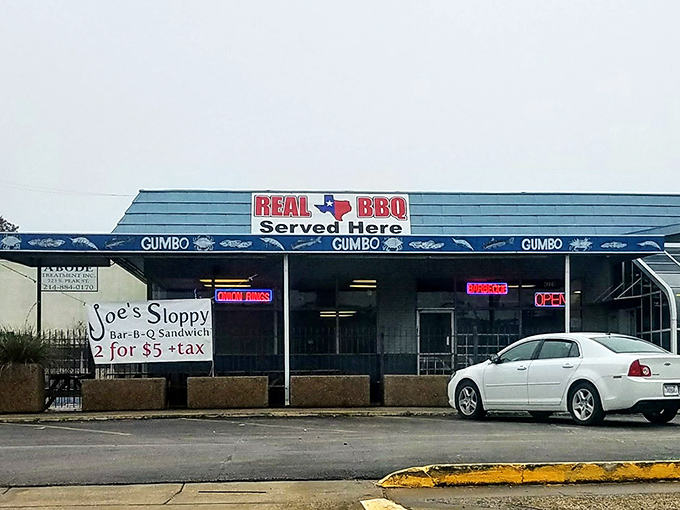 The blue "GUMBO" awning beckons like a siren song to hungry travelers. No fancy frills needed when what's inside is this good.