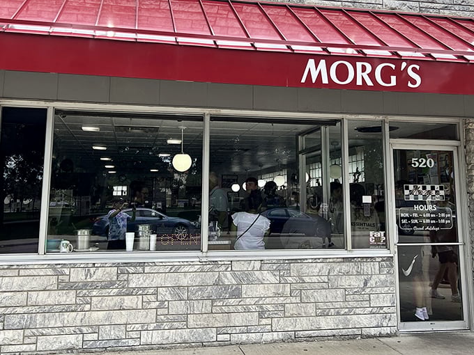 The iconic red awning of Morg's beckons hungry Waterloo residents like a breakfast lighthouse guiding ships to shore. Classic Americana at its finest.